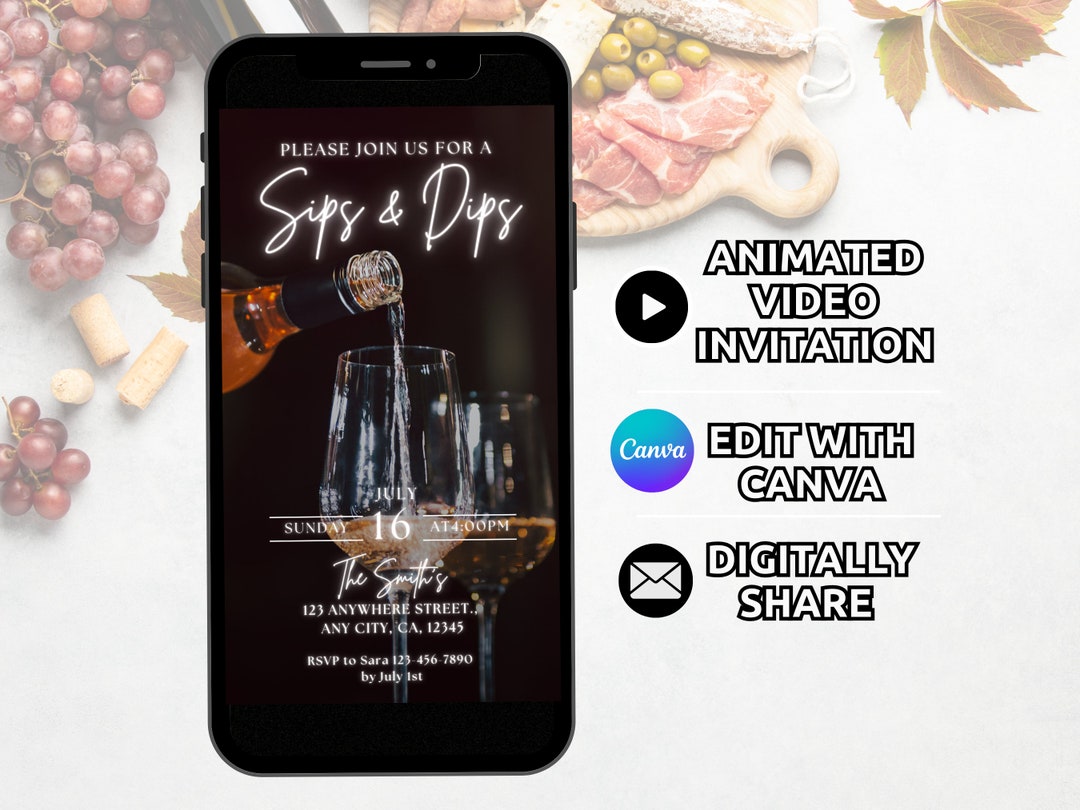 Sips Dips Charcuterie Invitation Template, Digital Wine and Cheese Invite Animated, Girls Night ...