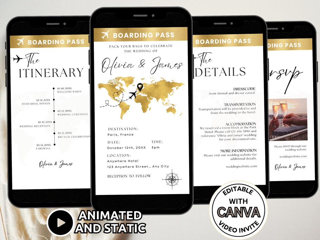 Boarding Pass Wedding Invitation Suite Electronic Template, Animated ...