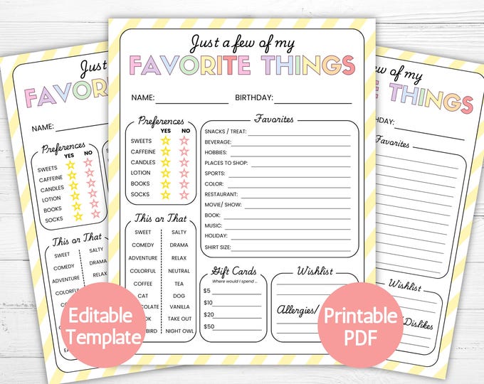 Favorite Things Survey Questionnaire Printable, Editable All About Me ...