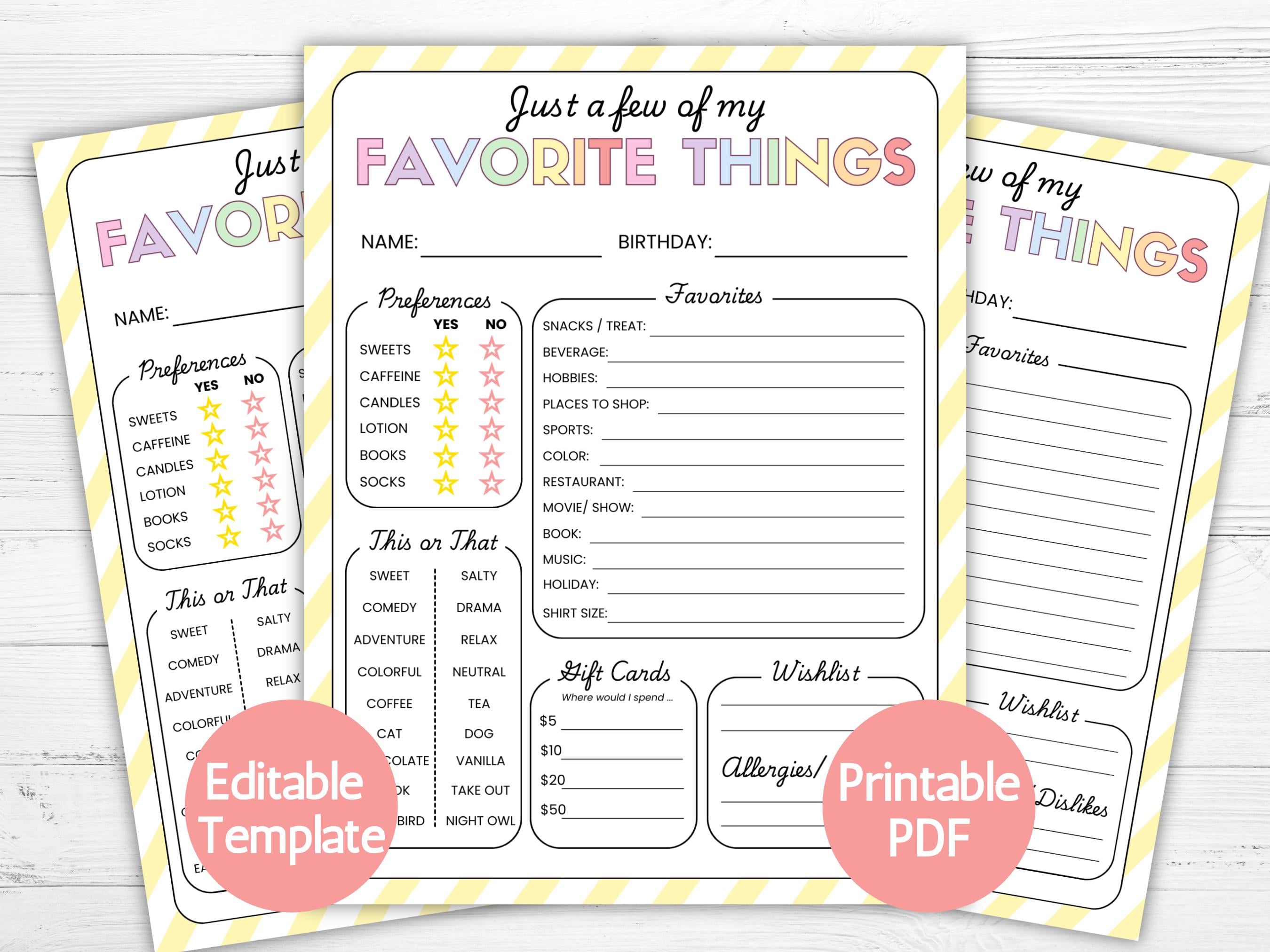 Favorite Things List Survey Questionnaire, Get to Know You Form ...