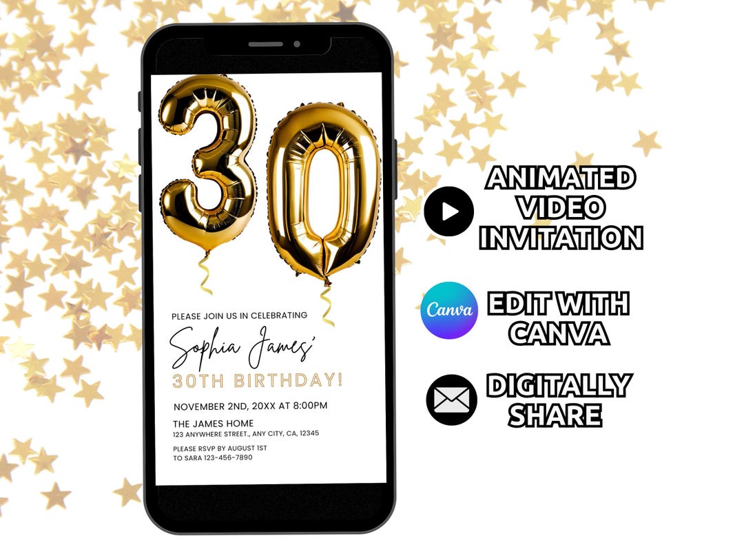 Digital 30th Birthday Party Invitation Template, Modern Gold Balloon ...