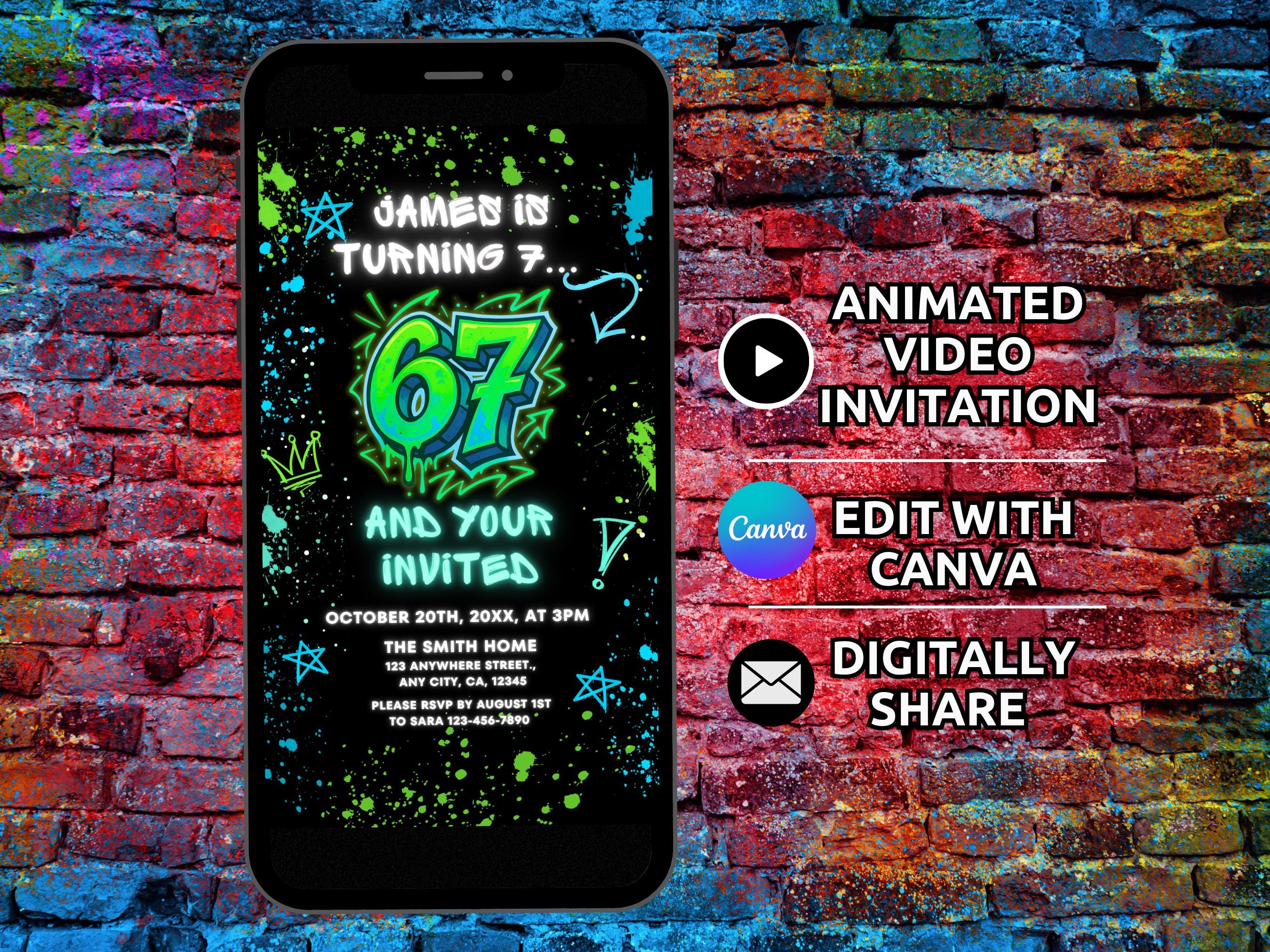 Six Seven Birthday Party Invitation Template, 6-7 Blue 7th Graffiti ...