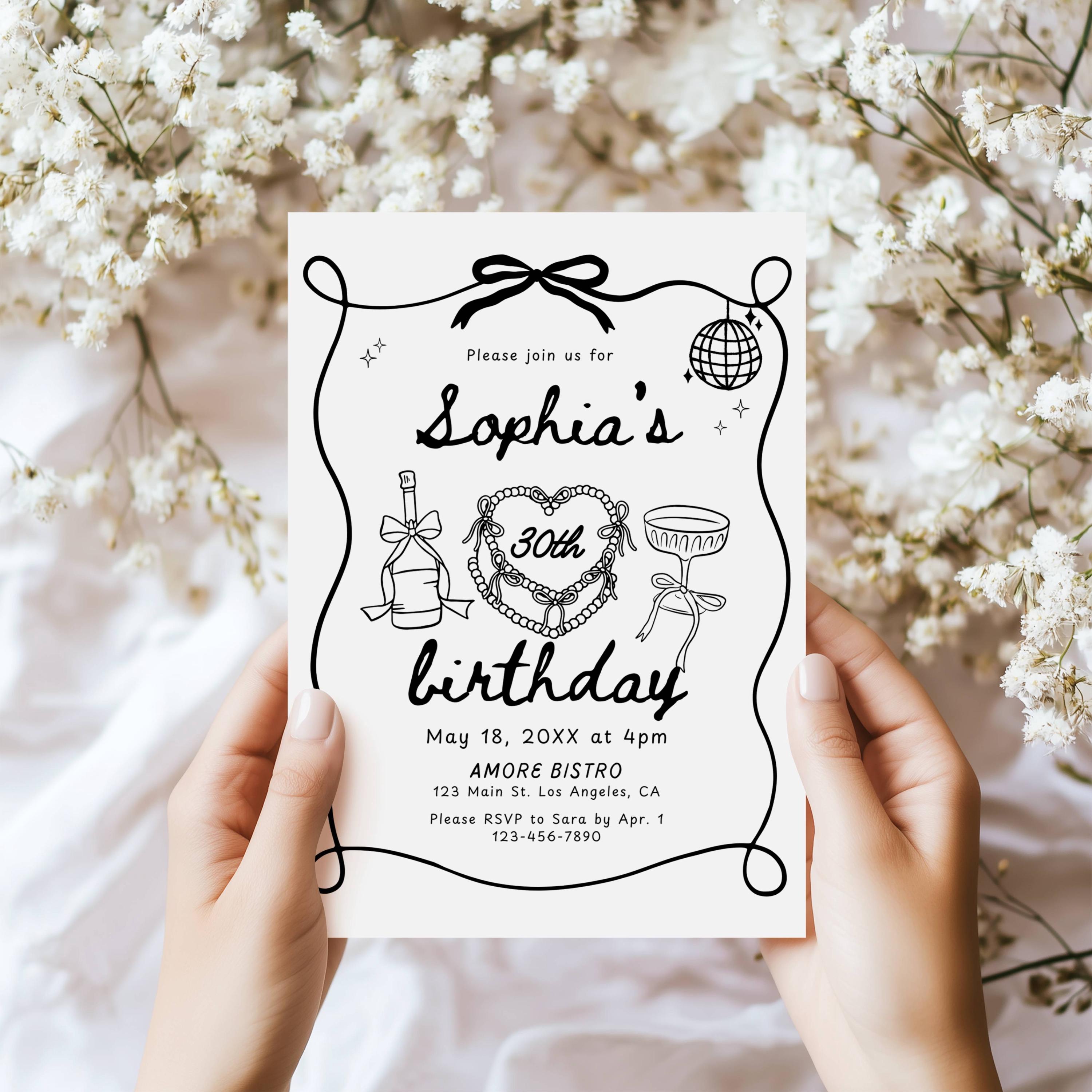Hand Drawn Birthday Party Invitation Template, Whimsical 30th Birthday ...