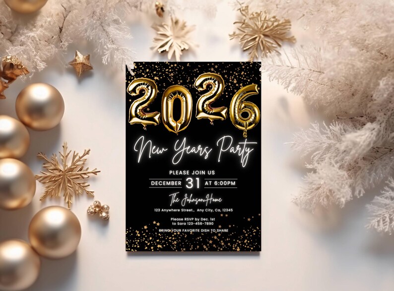 2026 New Years Party Invitation Template, Gold Balloon New Years Eve ...