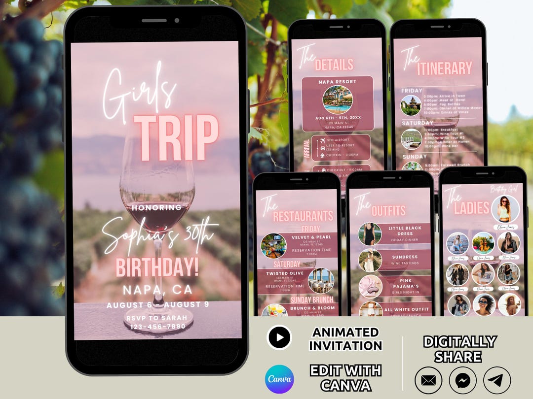 Digital Girls Trip Itinerary Template, Winery Girls Birthday Weekend ...