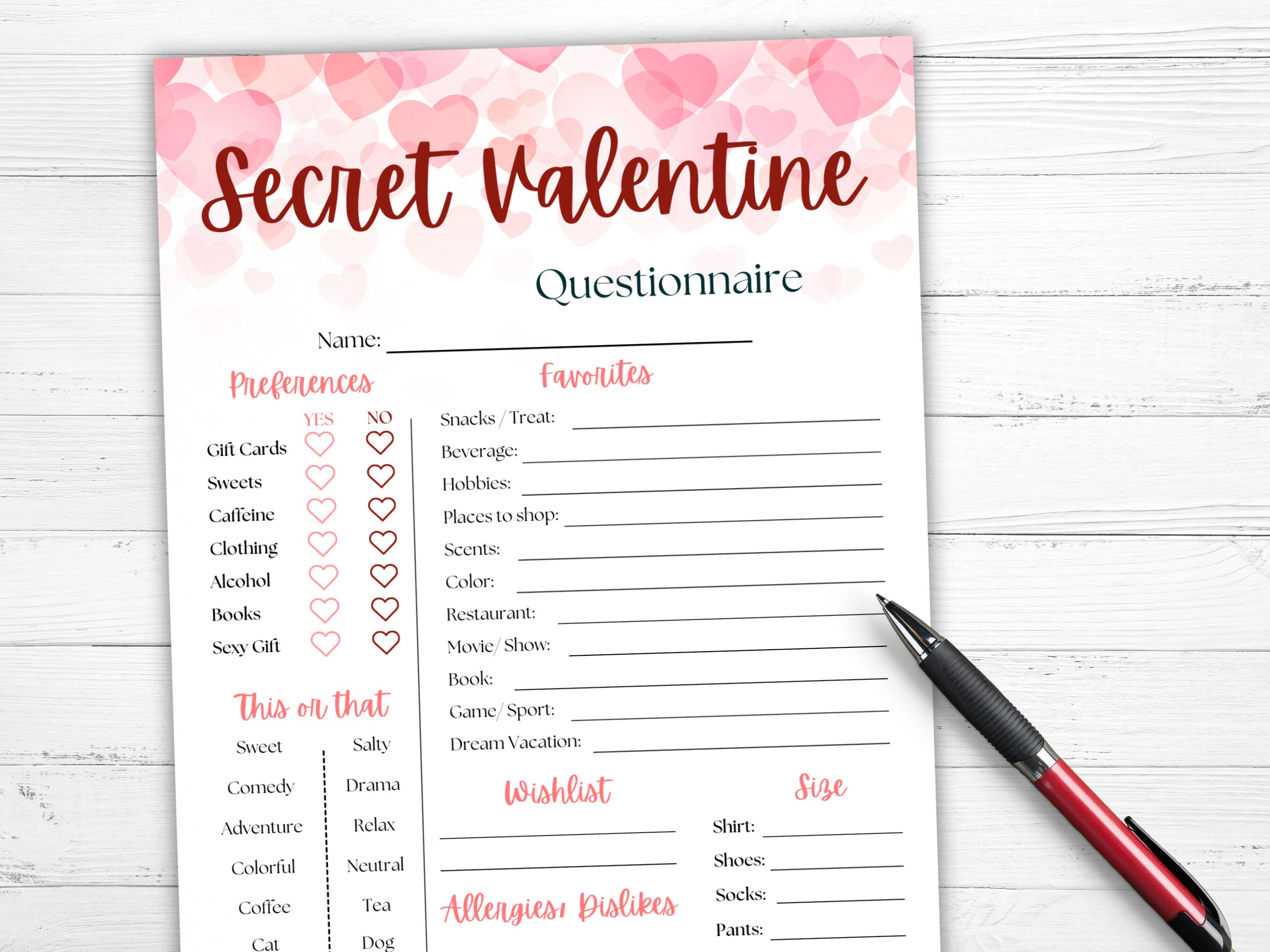 Secret Valentine Survey Questionnaire, Valentine's Day Gift Exchange ...