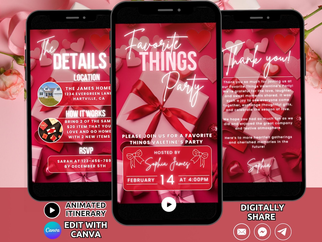 Digital Pink Favorite Things Party Invitation Template, Valentines Day ...