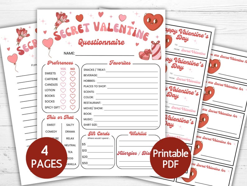Retro Secret Valentine Survey Questionnaire, Galentines Gift Exchange ...