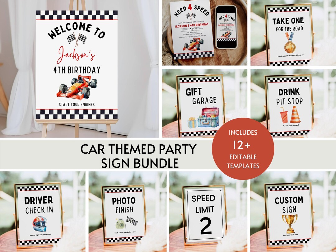 Racing Party Sign Bundle Editable, Race Cars Birthday Party Decor, Car ...