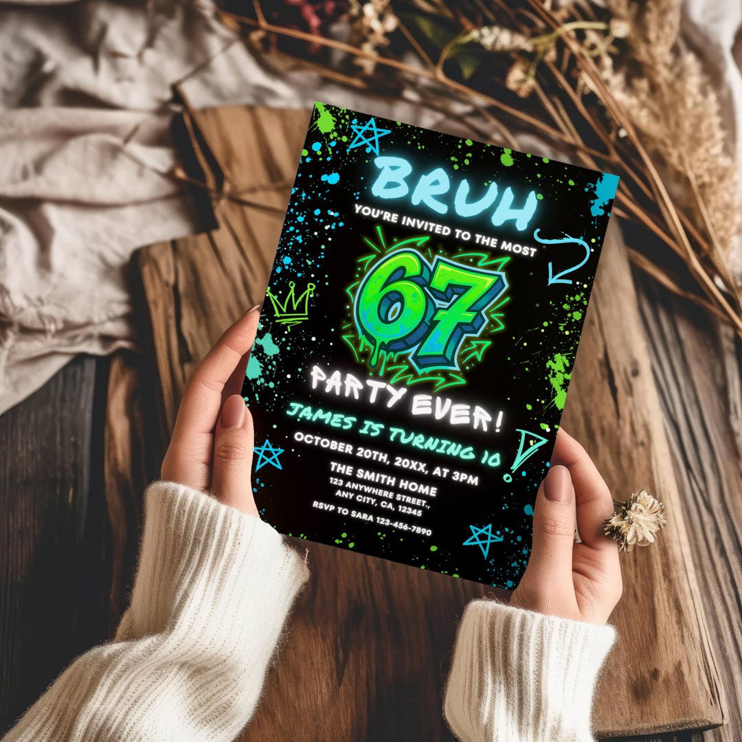 Six Seven Birthday Party Invitation Template, 6 7 Blue Green Graffiti ...