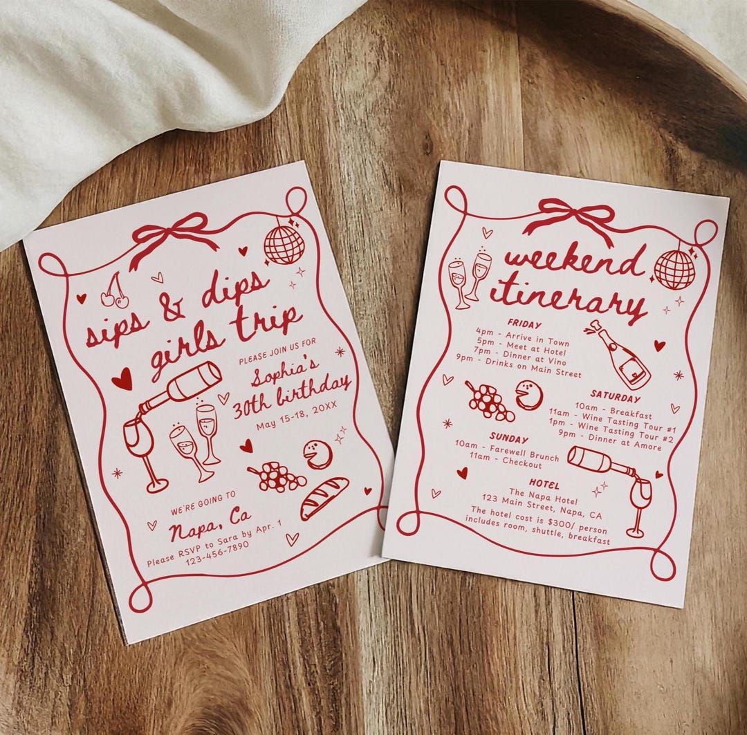Winery Girls Trip Invitation & Itinerary Template, Hand Drawn Wine ...