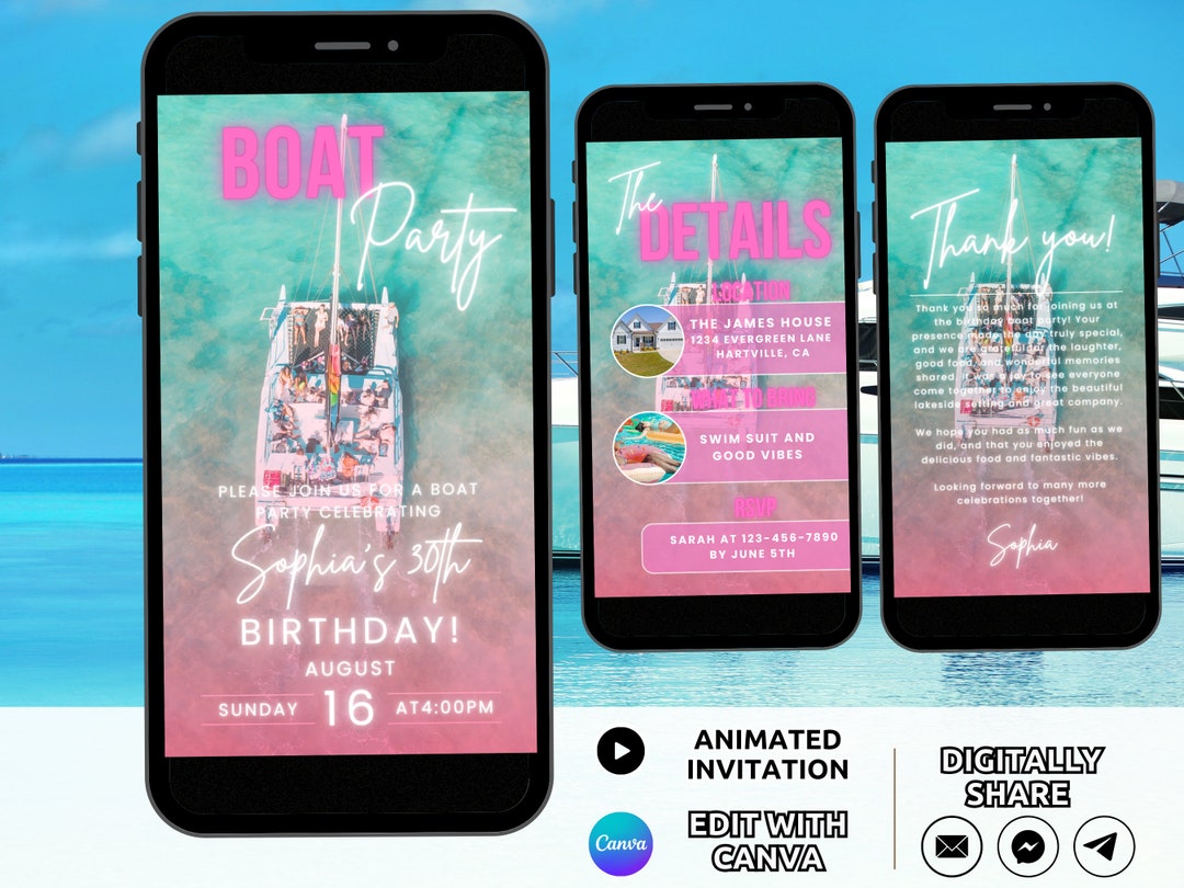 Boat Party Invitation Template, Digital Neon Boat Birthday Party Invite ...