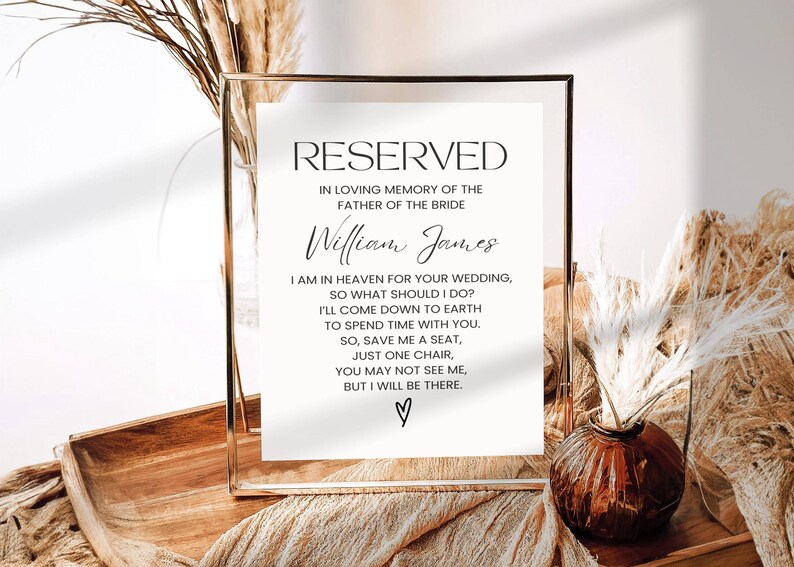 Reserved in Memory Sign Template, Wedding Memorial Sign Template, in Loving Memory Wedding Sign ...