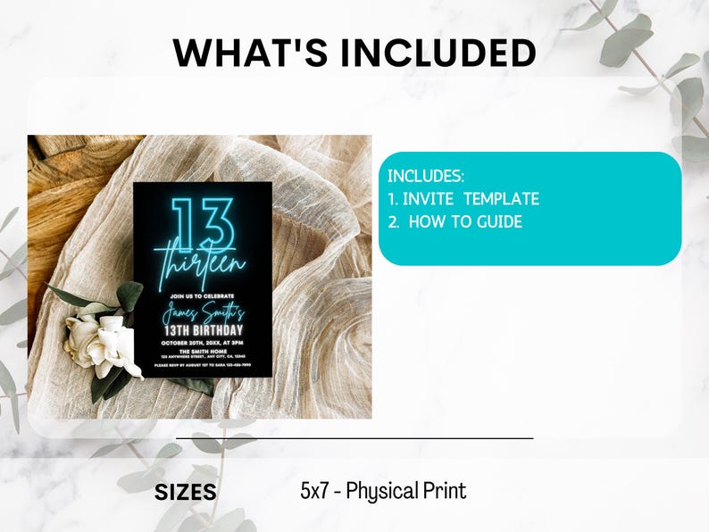Blue Neon 13th Birthday Party Invitation Template, Cool Thirteen ...