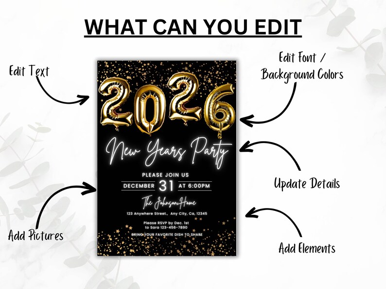 2026 New Years Party Invitation Template, Gold Balloon New Years Eve ...