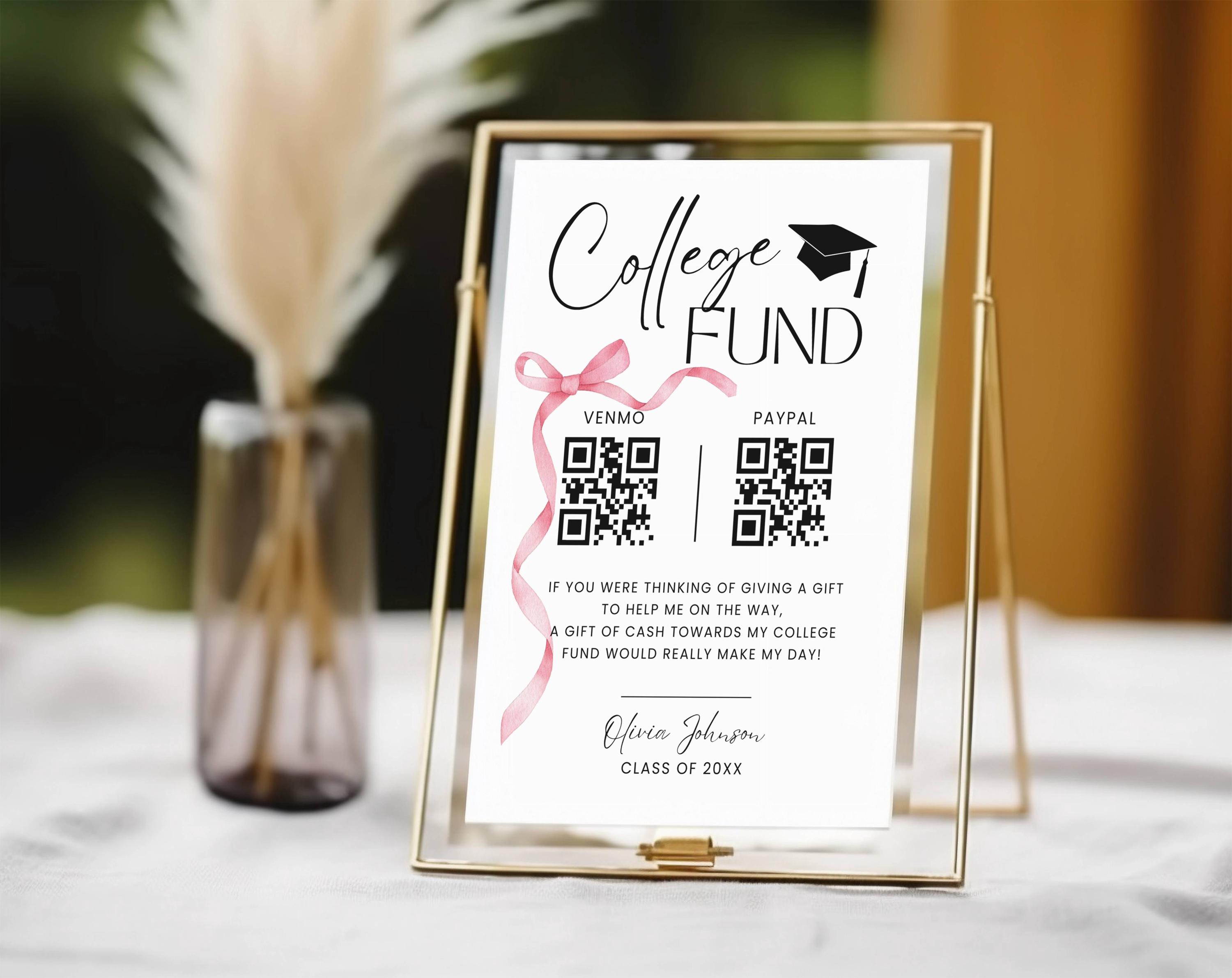 College Fund QR Code Sign Template, Modern Pink Bow Graduation Party ...