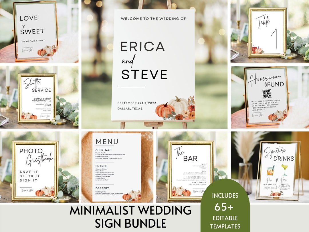 Pumpkin Wedding Sign Bundle, 65 Modern Wedding Signs Template, Autumn ...