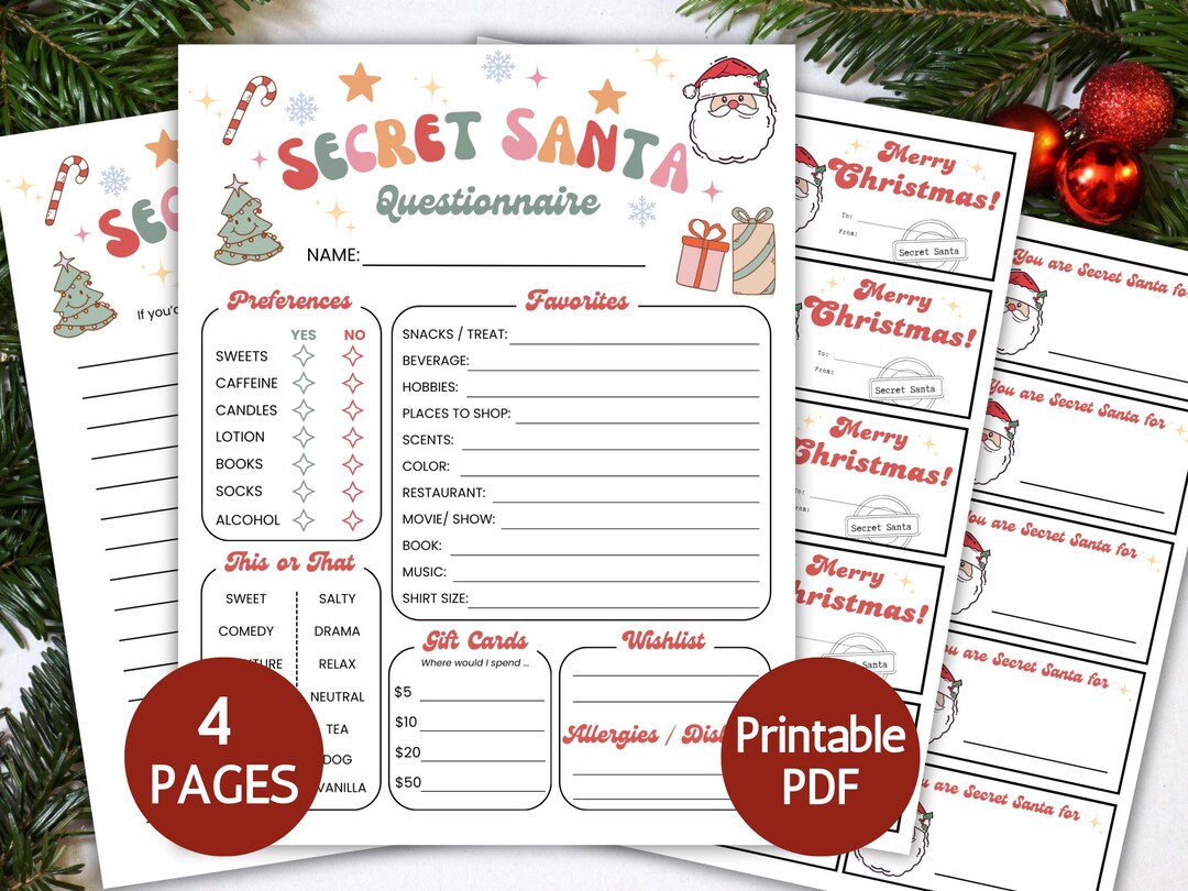 Retro Secret Santa Survey Questionnaire, Coworker Office Gift Exchange ...