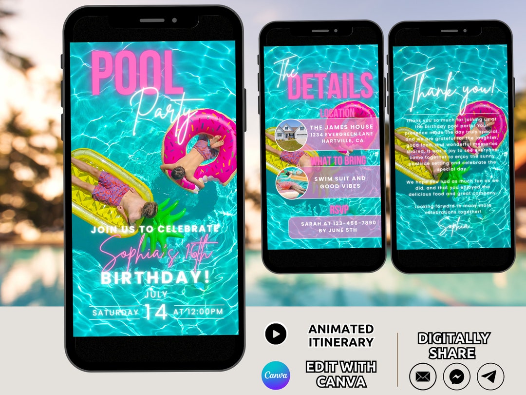 Pool Birthday Invitation Template, Digital Pool Party Invite Animated ...