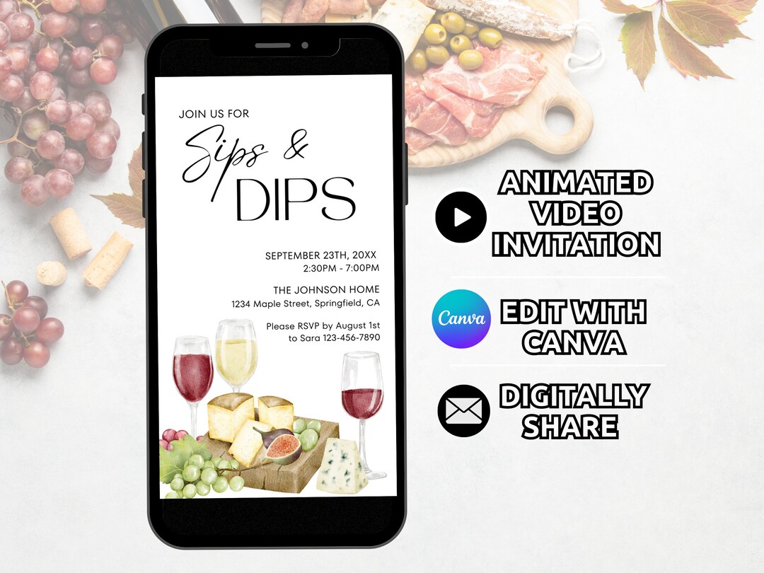 Sips Dips Charcuterie Invitation Template, Digital Wine Cheese Invite ...