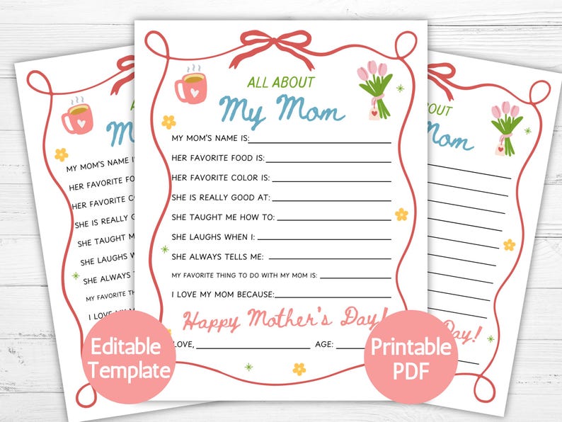 All About Mom Printable, Kids Gift for Mom Questionnaire, Mother's Day ...