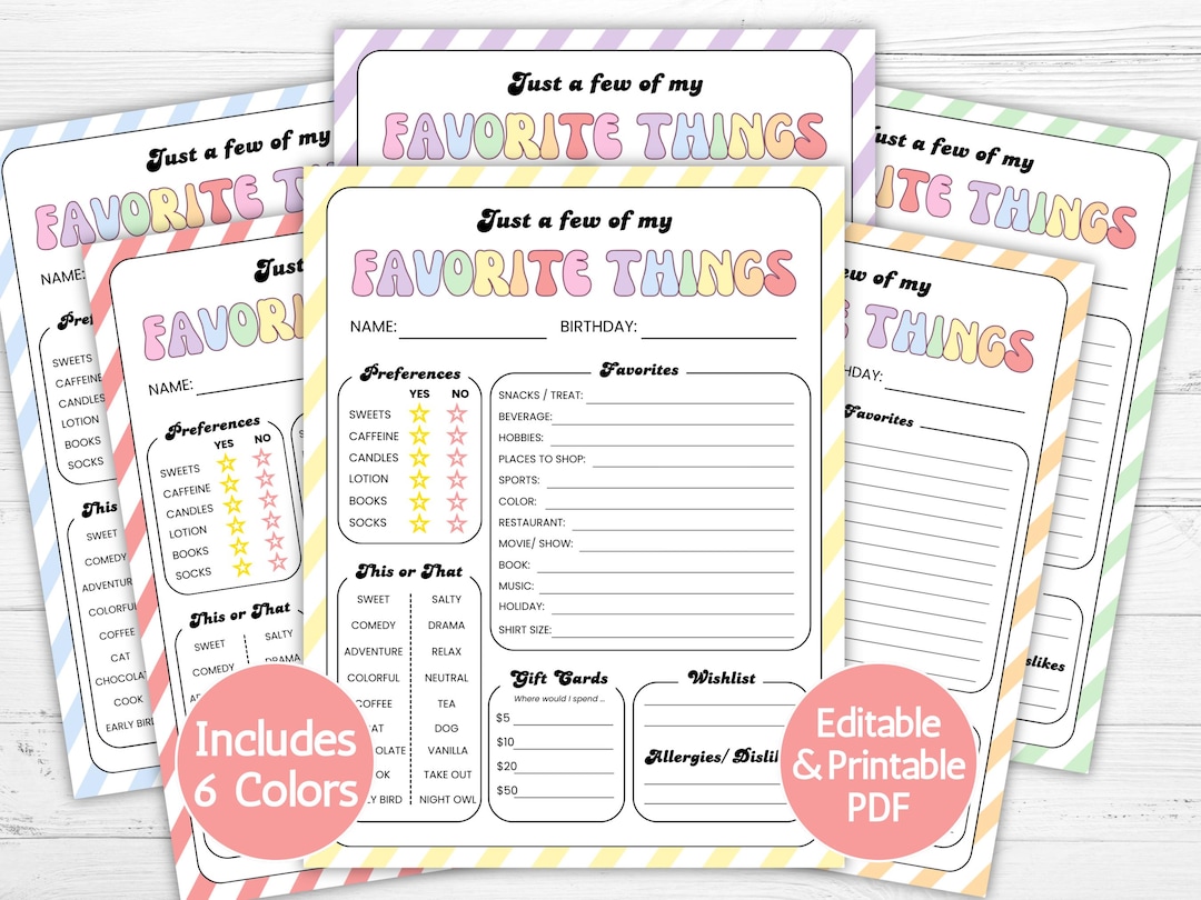 Favorite Things List Survey Questionnaire, Get to Know You Form Rainbow ...