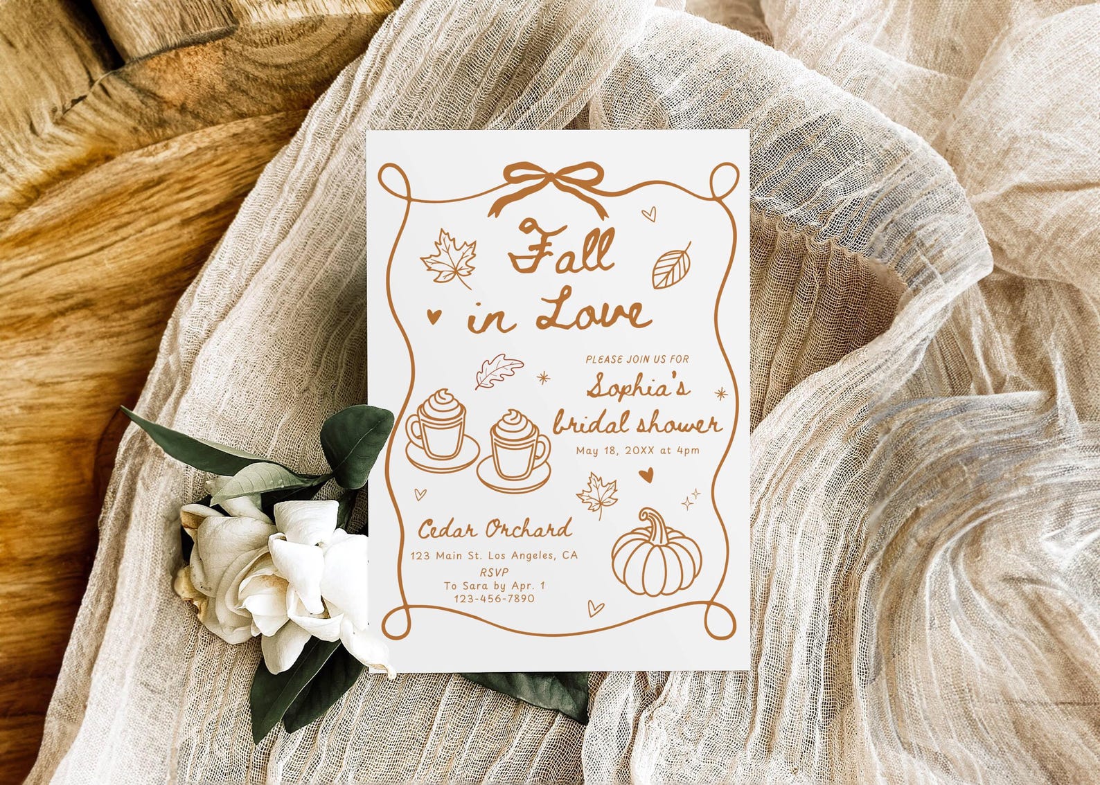 Fall in Love Bridal Shower Invitation Template, Hand Drawn Fall Wedding ...