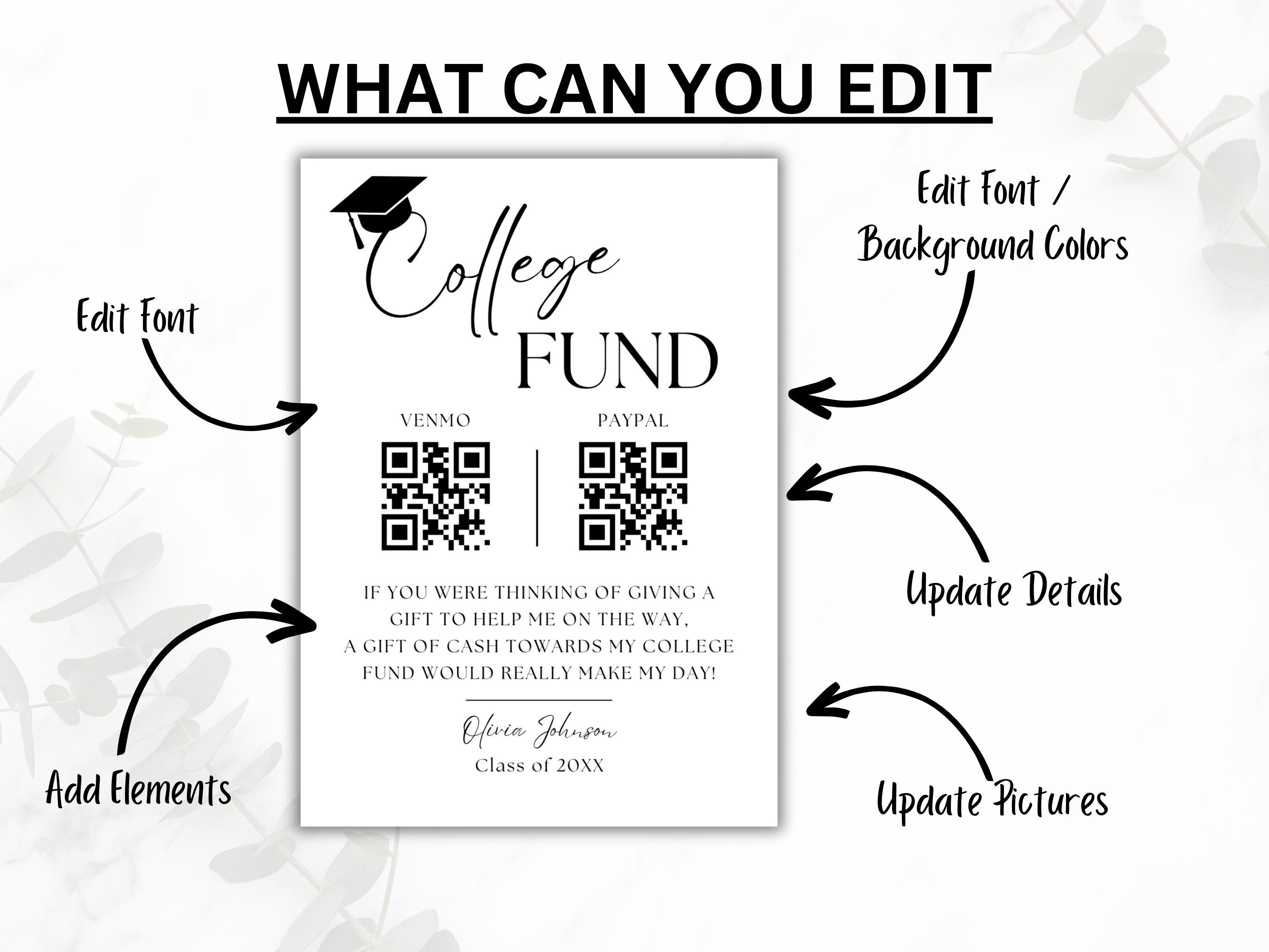 College Fund QR Code Sign Template, Modern Minimalist Graduation Party Sign, Custom High School ...