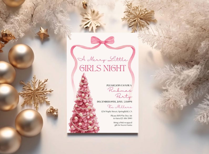 Girls Night Christmas Party Invitation Template, Pink Bow Pinkmas ...