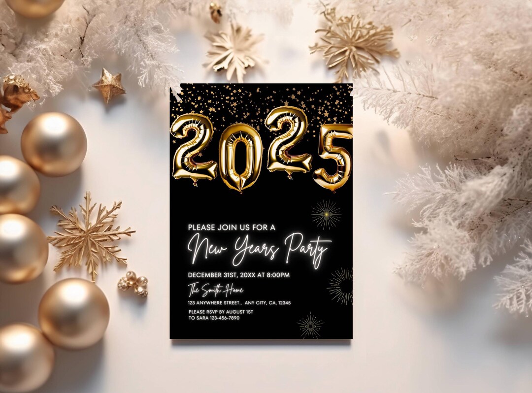 2025 New Years Party Invitation Template, Gold Balloon New Years Eve ...