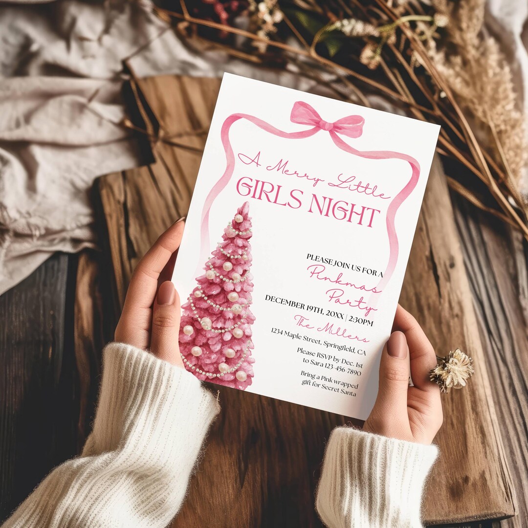 Girls Night Christmas Party Invitation Template, Pink Bow Pinkmas ...