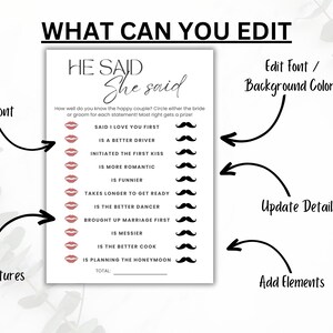 He Said She Said Game Template, Minimalist Bridal Shower Game, Guess ...