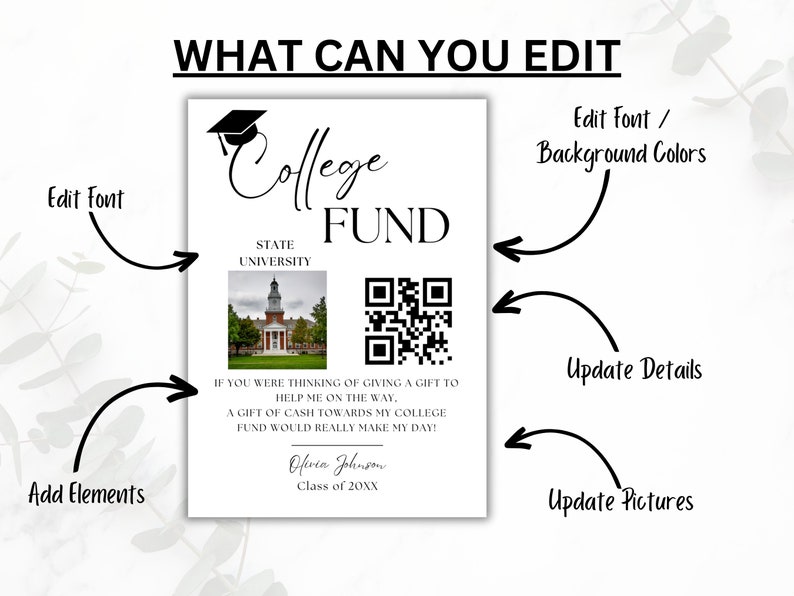 College Fund QR Code Sign Template, Modern Minimalist Graduation Party ...
