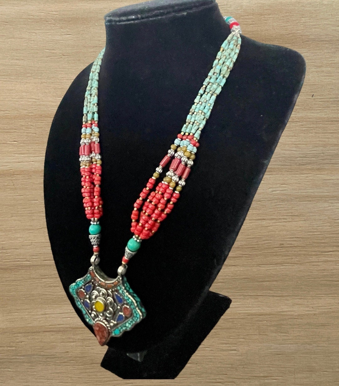Ethnic Tibetan Handmade Boho Turquoise and Coral Bead Necklace TN17 - Etsy
