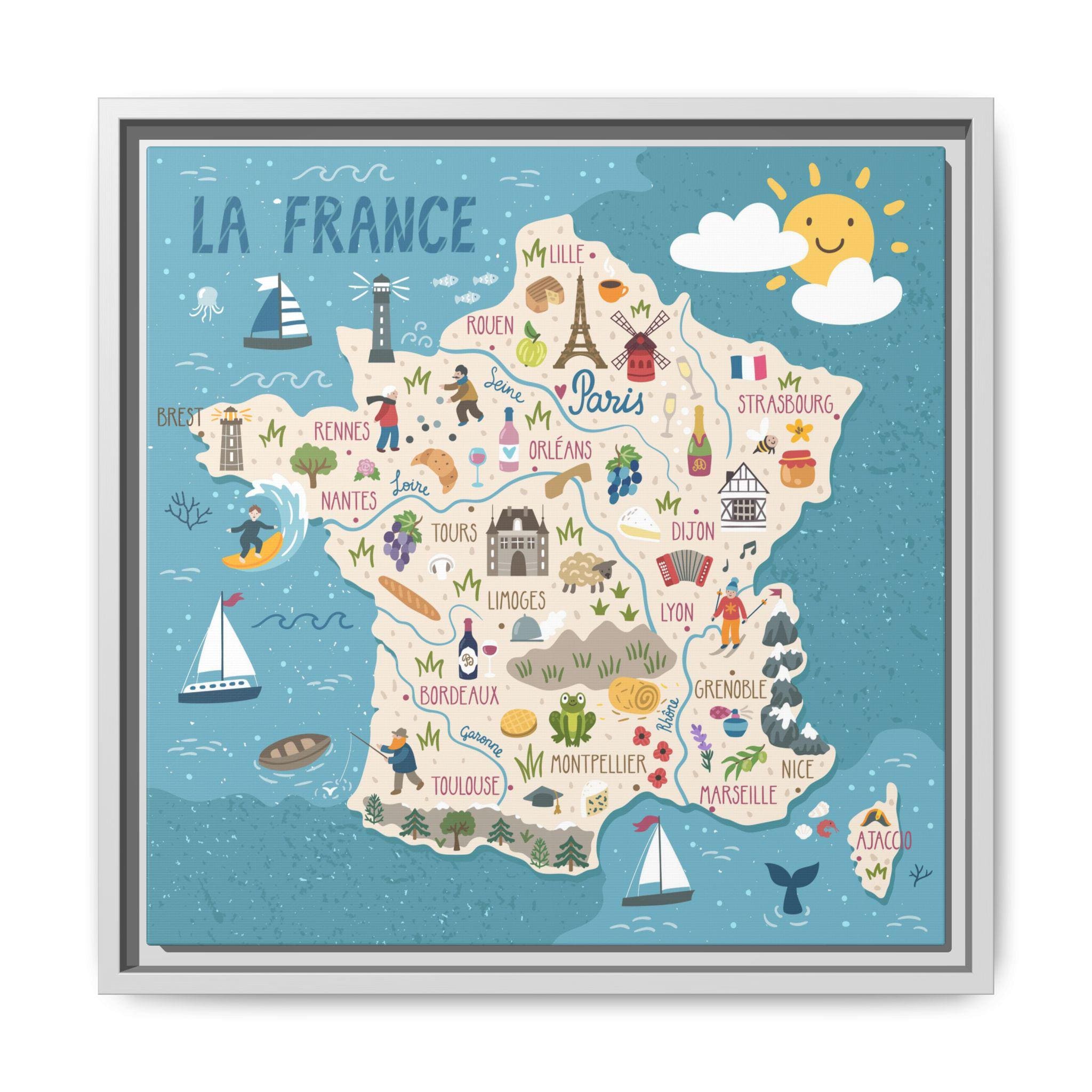 France Map Canvas Art: Illustrated French Travel Map in Wooden Frame - Etsy