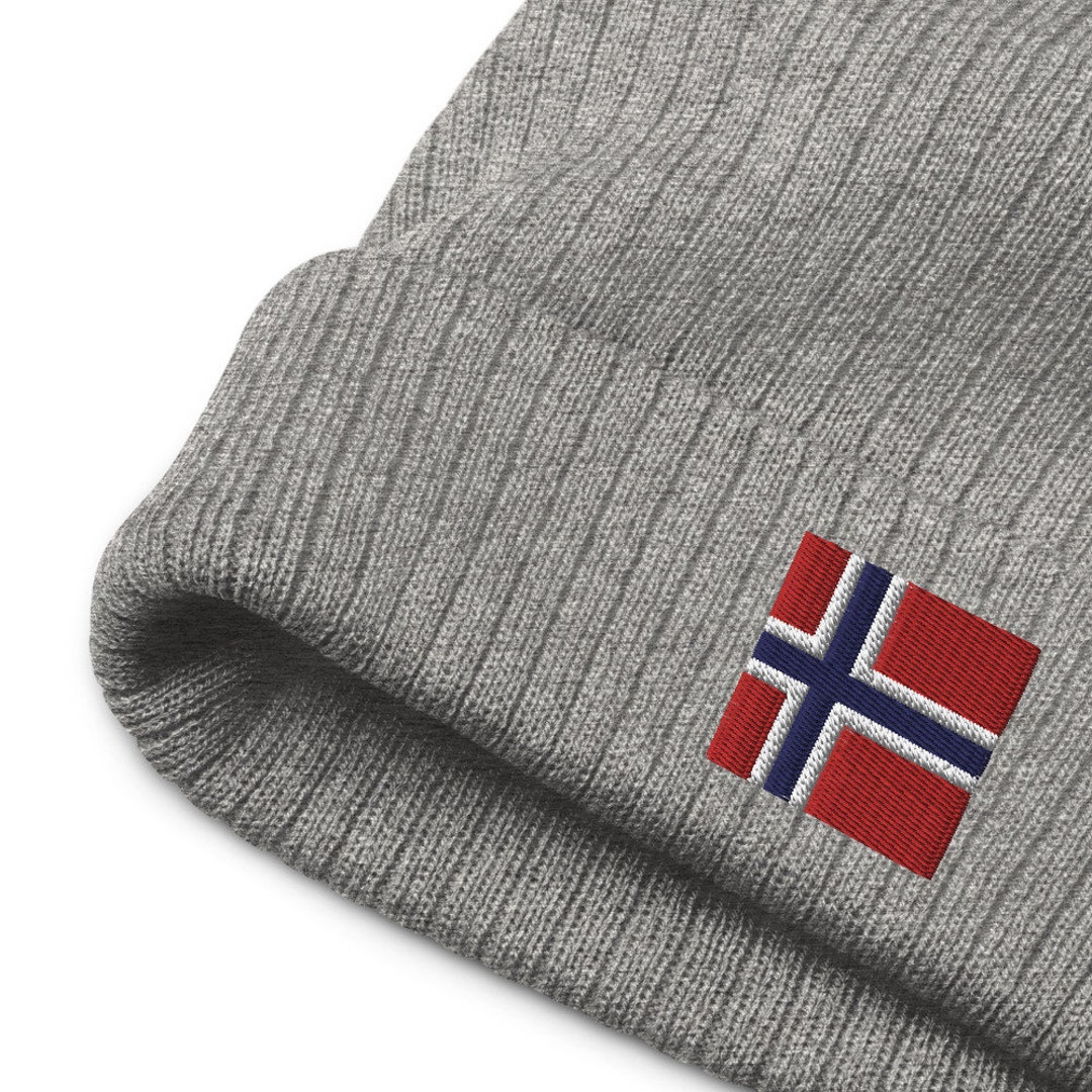 Norway Cuffed Beanie Norwegian Flag Inspired Square Embroidered Double ...