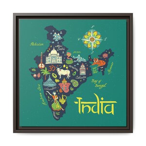 India Map Illustration Matte Canvas Framed | Indian Landmarks Wall Art ...