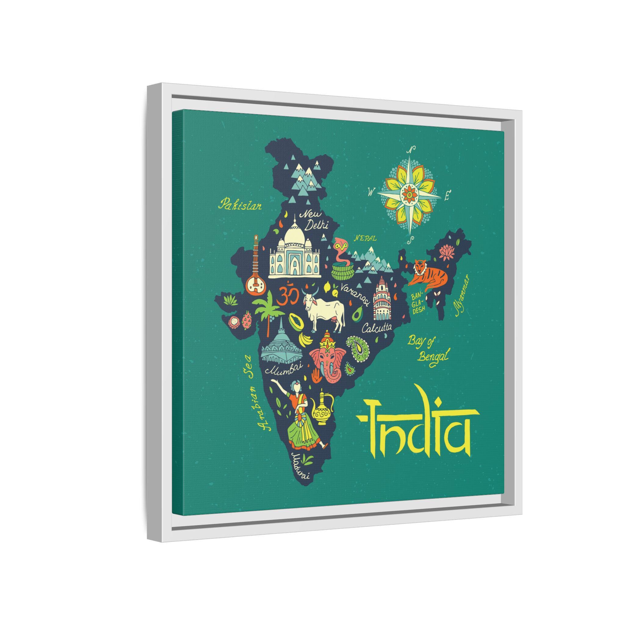 India Map Illustration Matte Canvas Framed | Indian Landmarks Wall Art ...