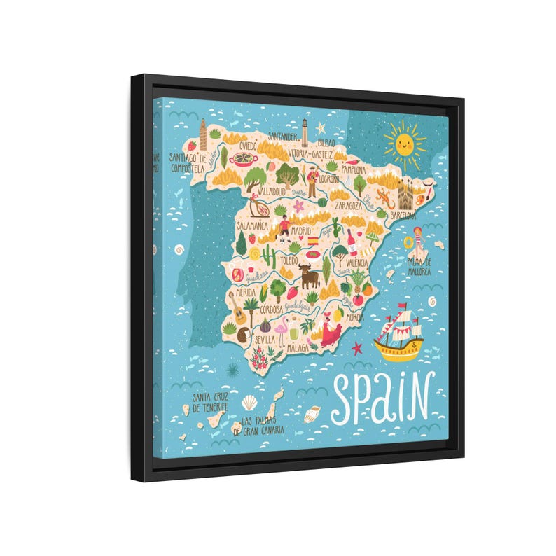 Spain Illustrated Map Framed Canvas Art: Spanish Travel Landmarks ...