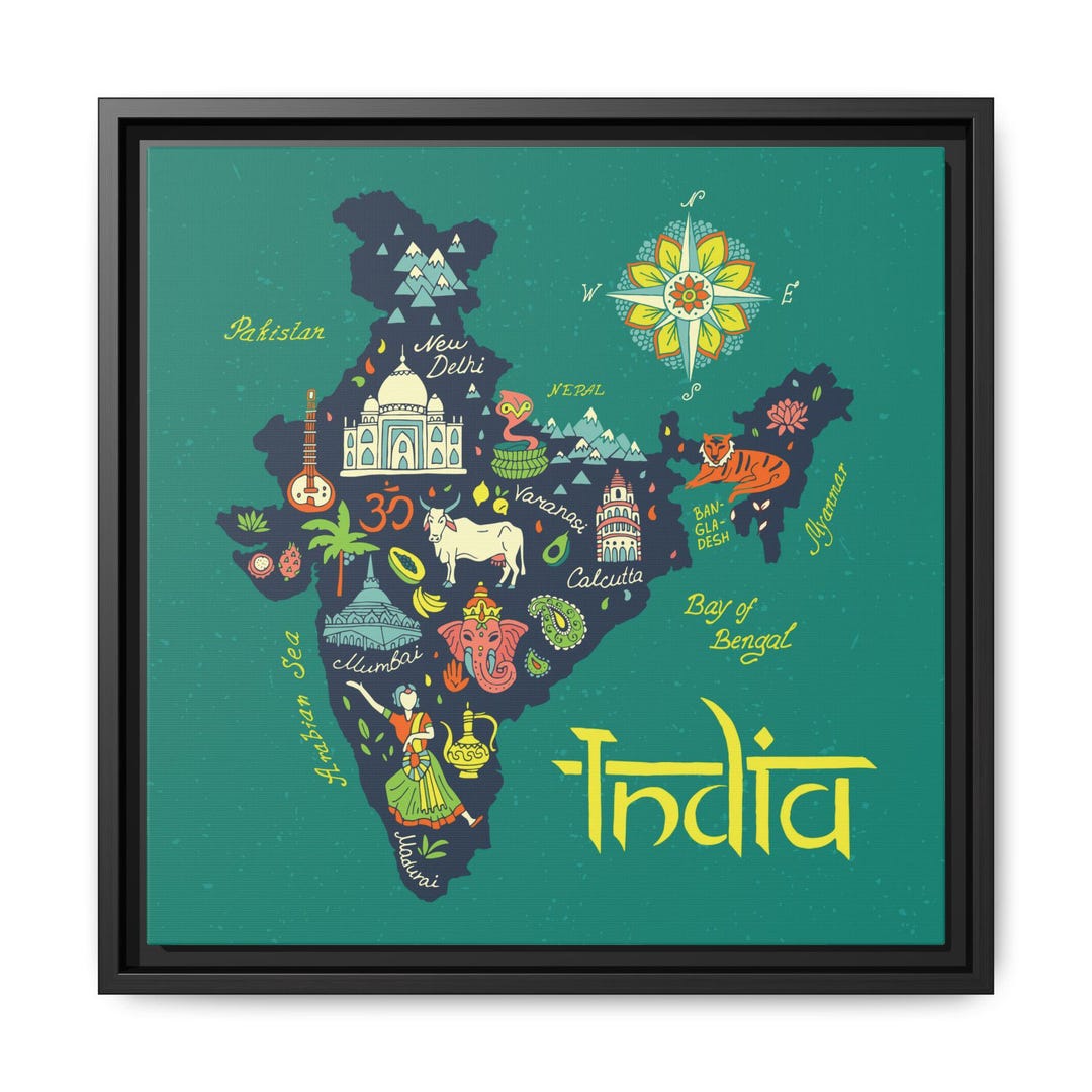 India Map Illustration Matte Canvas Framed | Indian Landmarks Wall Art ...