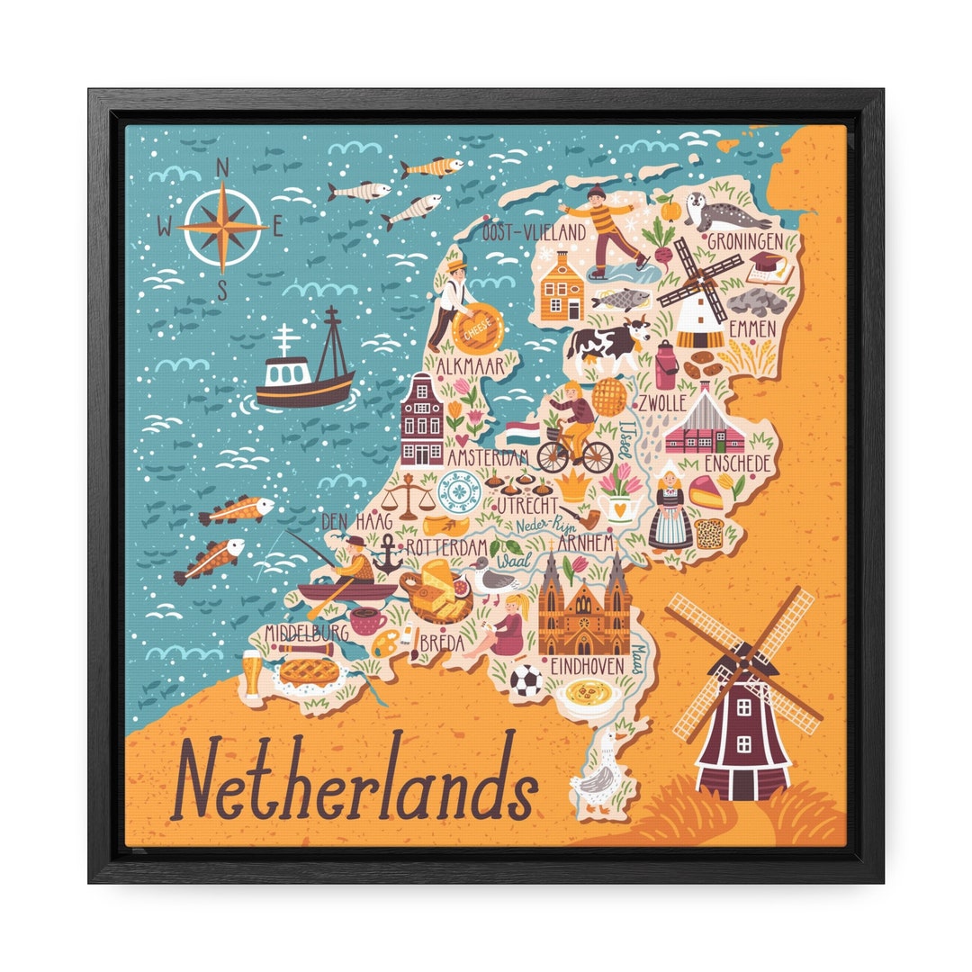Netherlands Canvas Wall Art, Stylized Illustrated Map, Dutch Travel ...