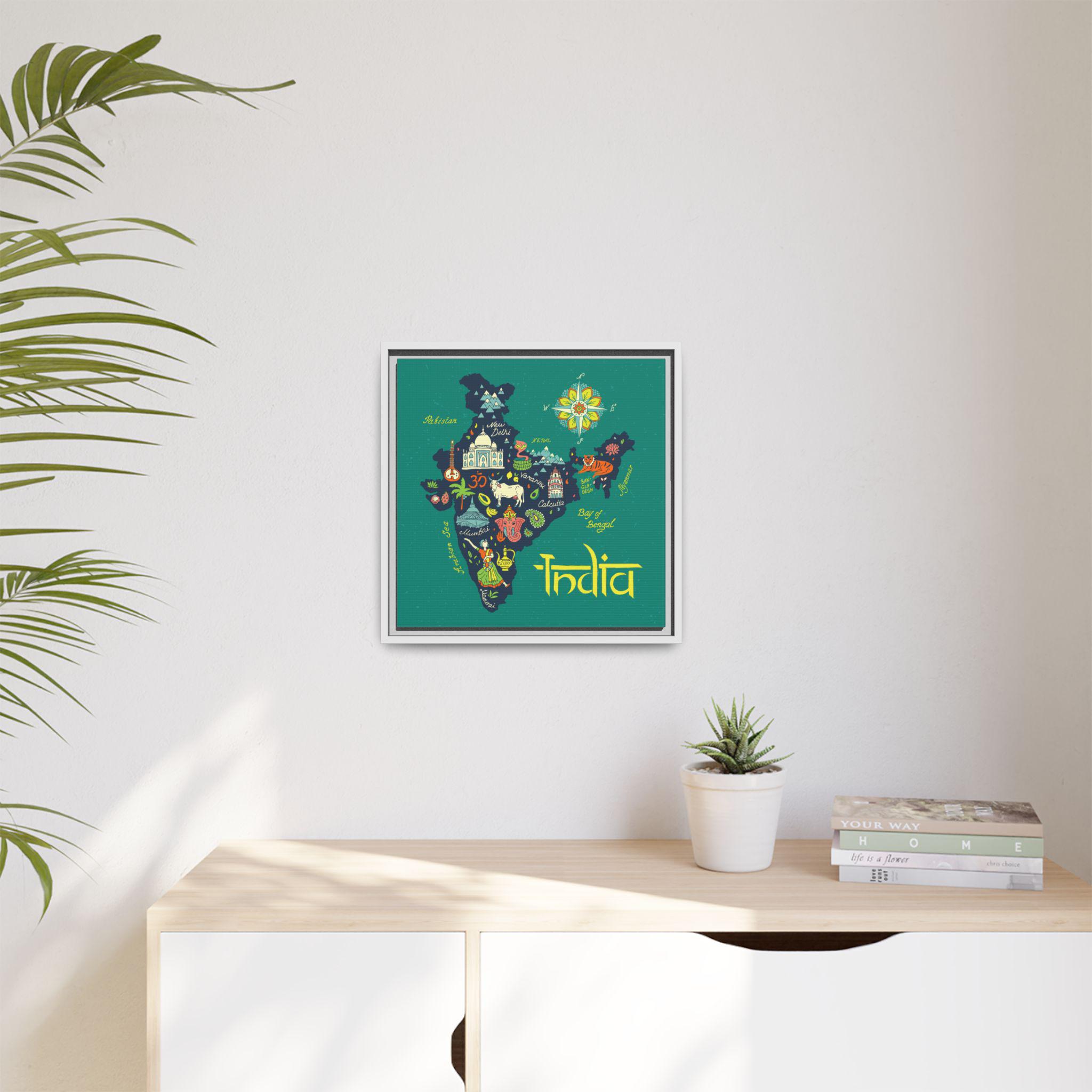 India Map Illustration Matte Canvas Framed | Indian Landmarks Wall Art ...
