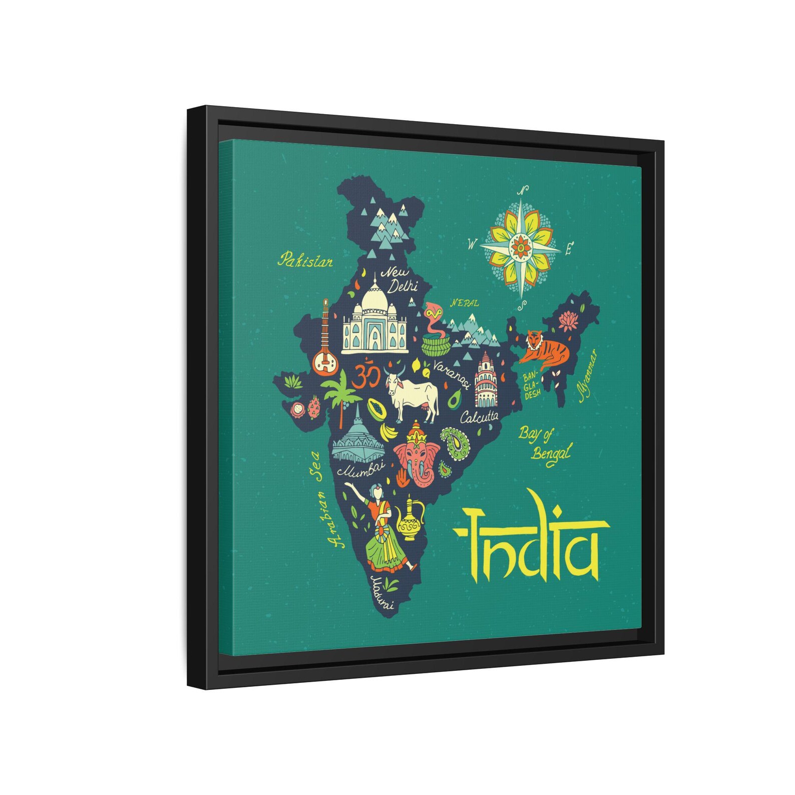 India Map Illustration Matte Canvas Framed | Indian Landmarks Wall Art ...
