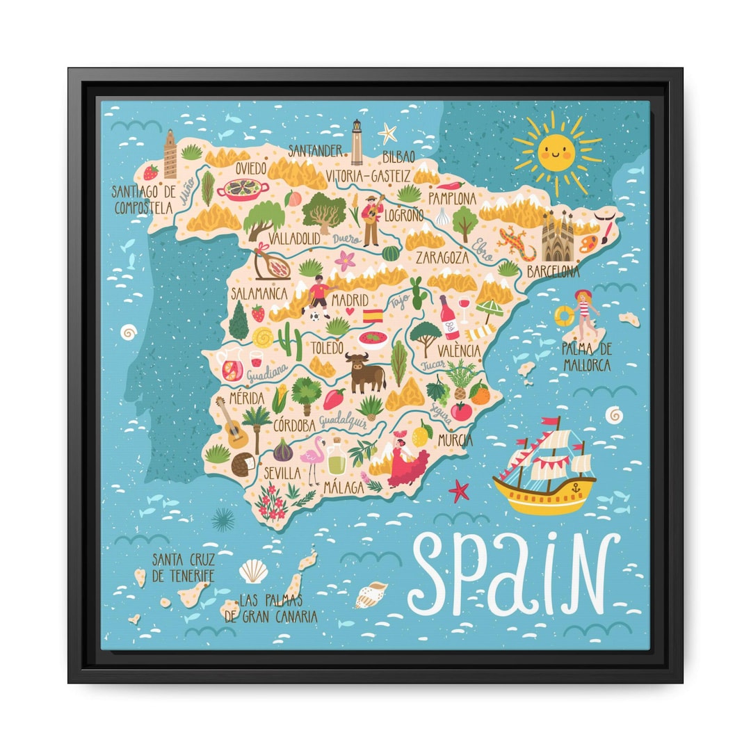 Spain Illustrated Map Framed Canvas Art: Spanish Travel Landmarks ...
