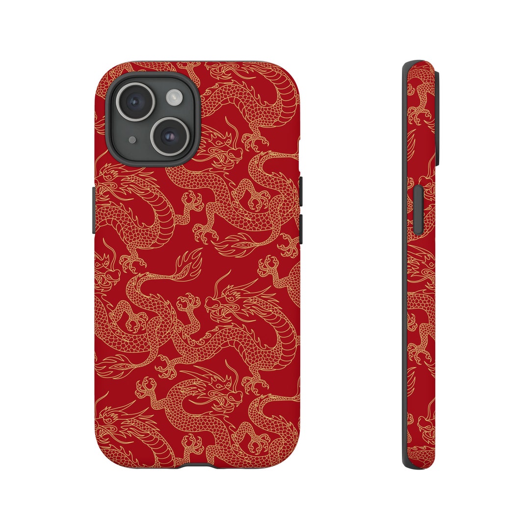 Chinese Dragon Phone Case Red and Gold Pattern Print, Fighting Dragons ...