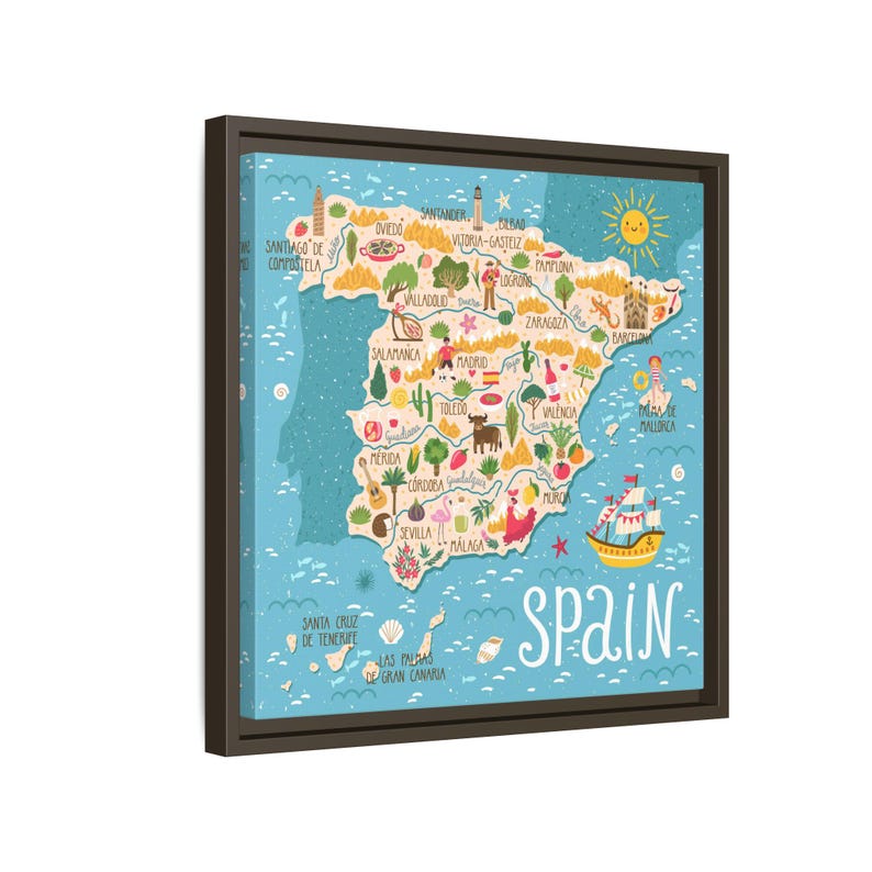 Spain Illustrated Map Framed Canvas Art: Spanish Travel Landmarks ...