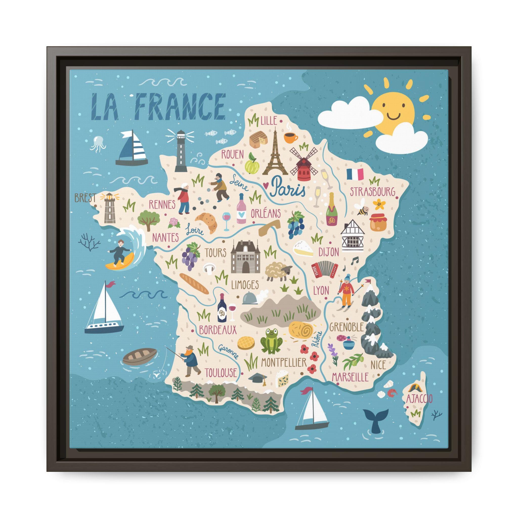 France Map Canvas Art: Illustrated French Travel Map in Wooden Frame - Etsy