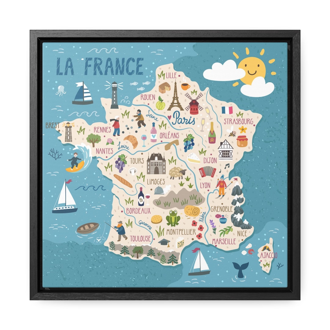 France Canvas Wall Art, Stylized Illustrated Map, French Travel, Paris ...