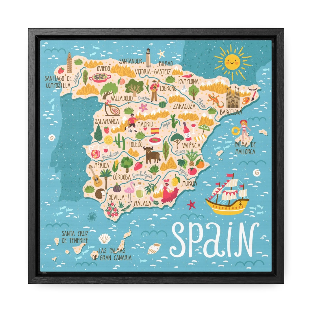 Spain Canvas Wall Art, Stylized Illustrated Map, Spanish Travel ...