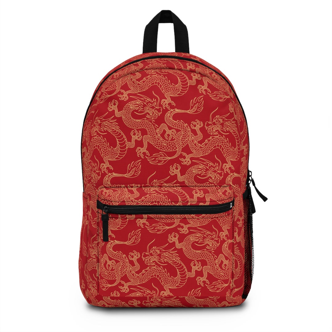 Chinese Fighting Dragons Backpack - Red, Gold, Dragon Pattern Print ...